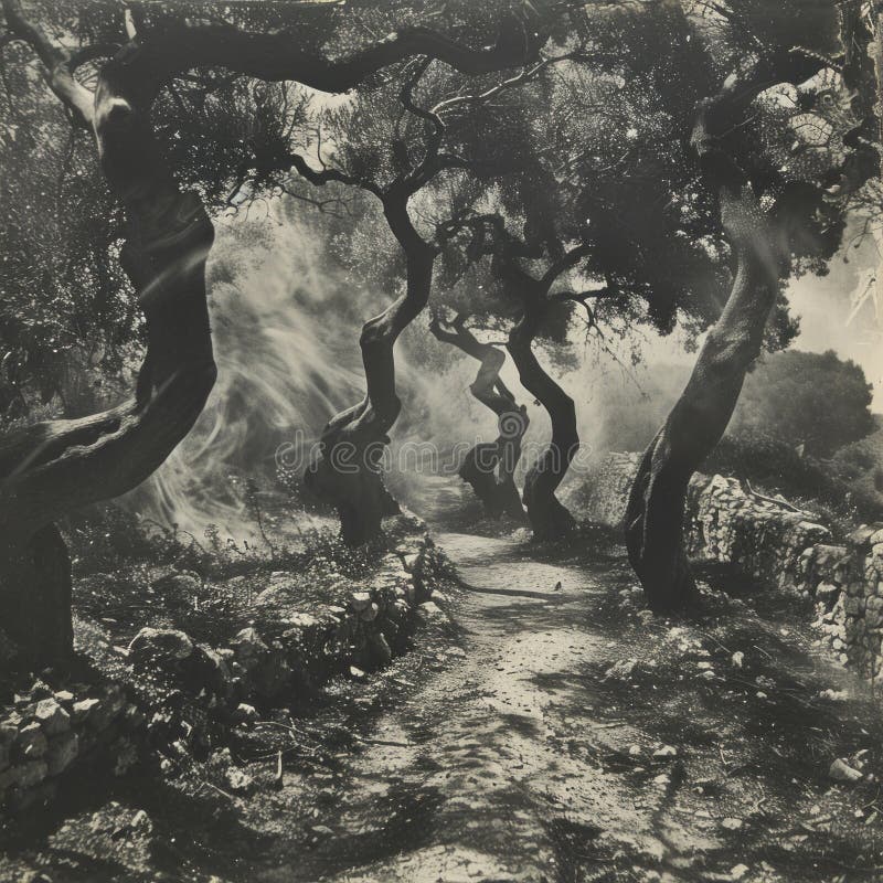 A Serene Path Stretches between Two Towering Trees, Their Branches ...