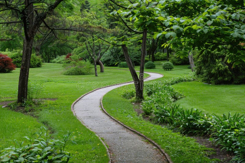A Serene Path Surrounded by Lush Greenery and Towering Trees Stock ...