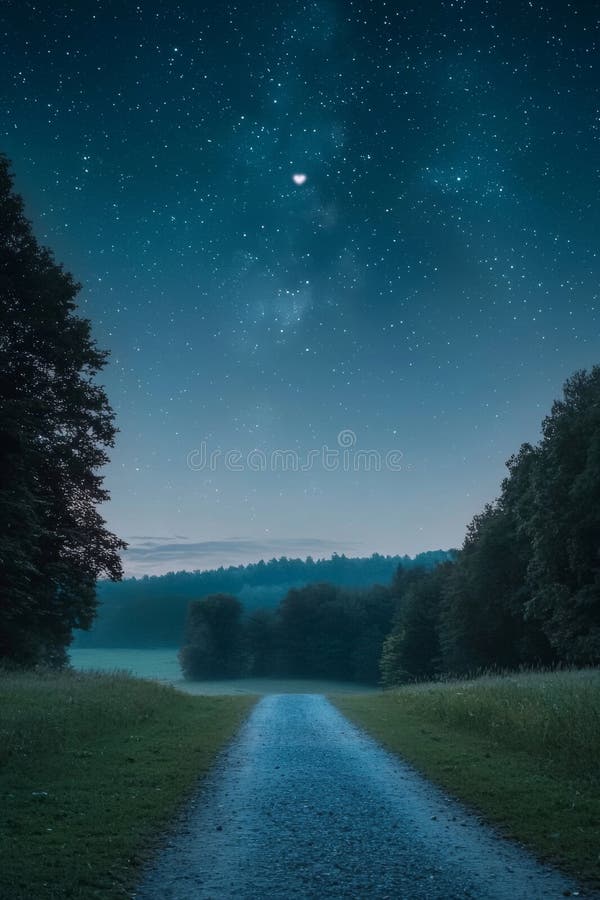 Serene Path Under Starry Night Sky with Trees and Glowing Horizon Stock ...