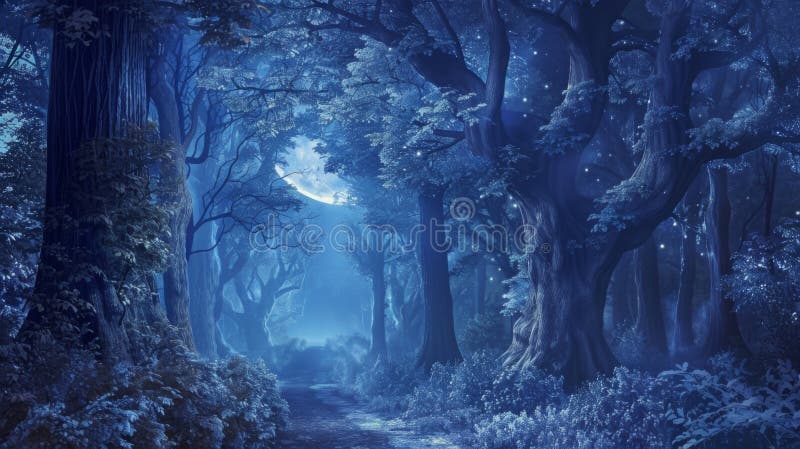 Moonlit Forest Path at Twilight Stock Photo - Image of enchanted ...