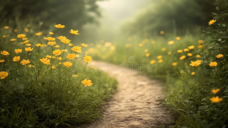 Serene Path through a Yellow Flower Meadow Stock Illustration ...