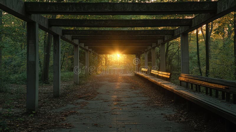 A Serene Pathway with Benches Illuminated by Sunset through a Forest ...