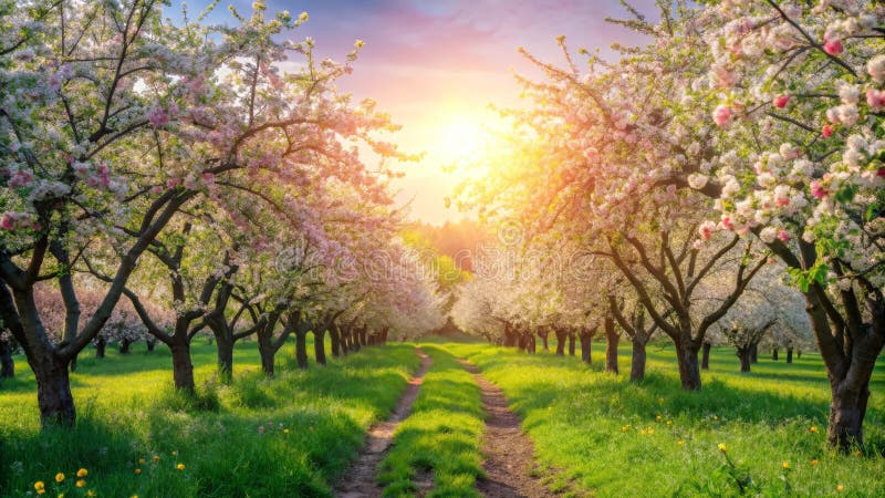 Serene Pathway through a Blossoming Orchard at Sunset. Generative AI ...
