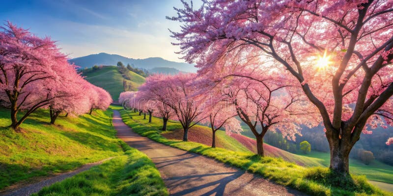 Serene Pathway through a Blossoming Spring Landscape with Sunlit Hills ...