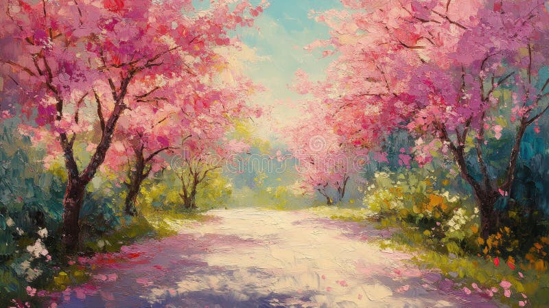 Serene Pathway with Cherry Blossom Trees in Spring Stock Illustration ...