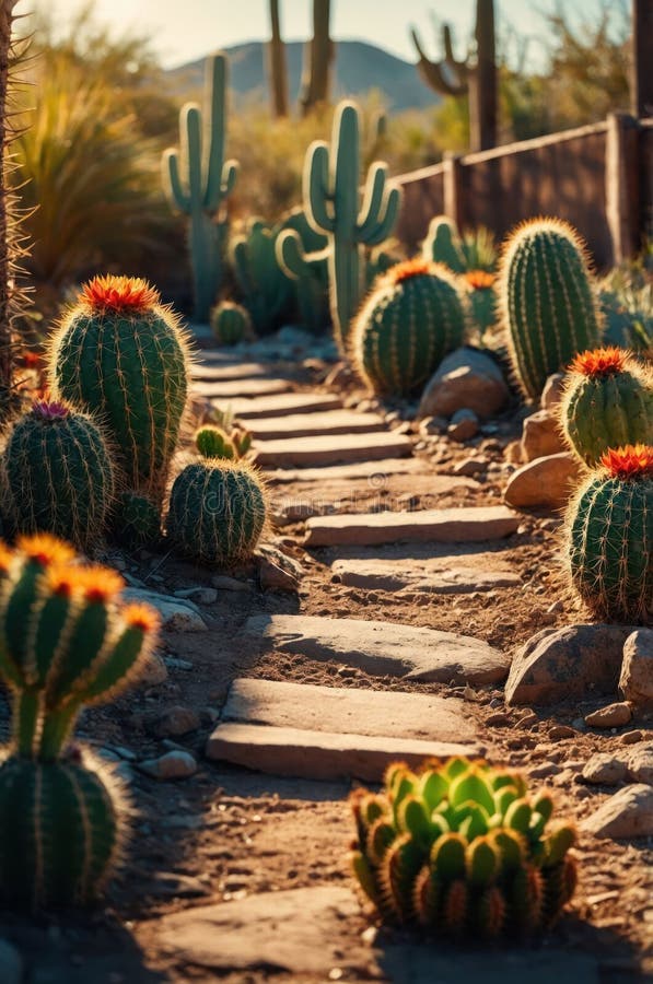 Golden Hour Cactus Garden Path Stock Illustration - Illustration of ...
