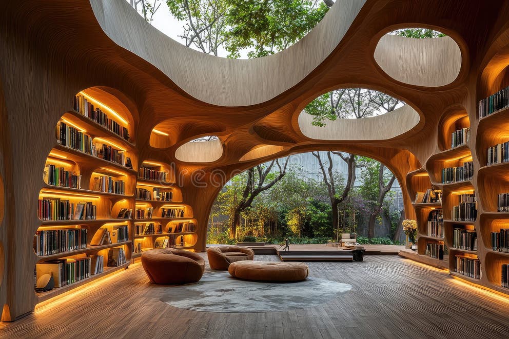 Serene Pathway through Diverse Library of Books and Wisdom Stock Photo ...