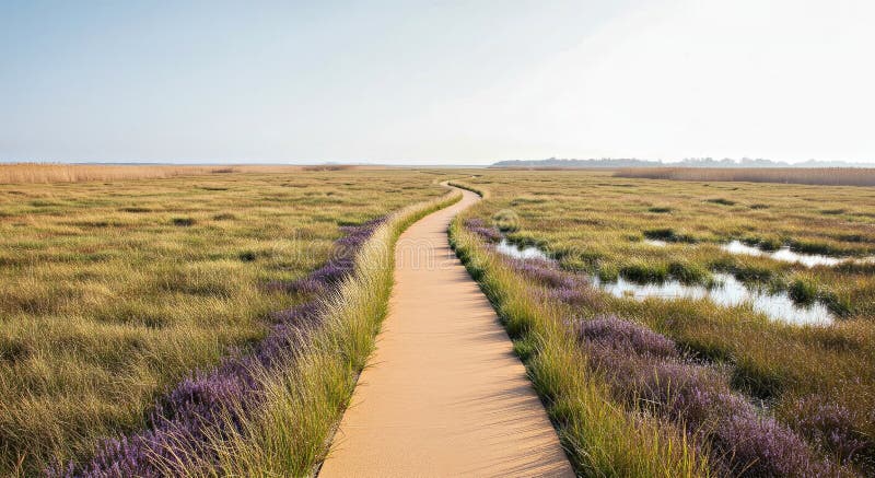 Serene Pathway through Flat Marshland with Distant Reeds Under Clear ...