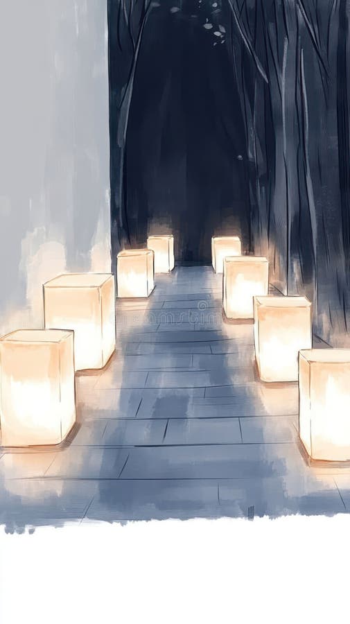 A Serene Pathway Illuminated by Glowing Lanterns Leading into Darkness ...