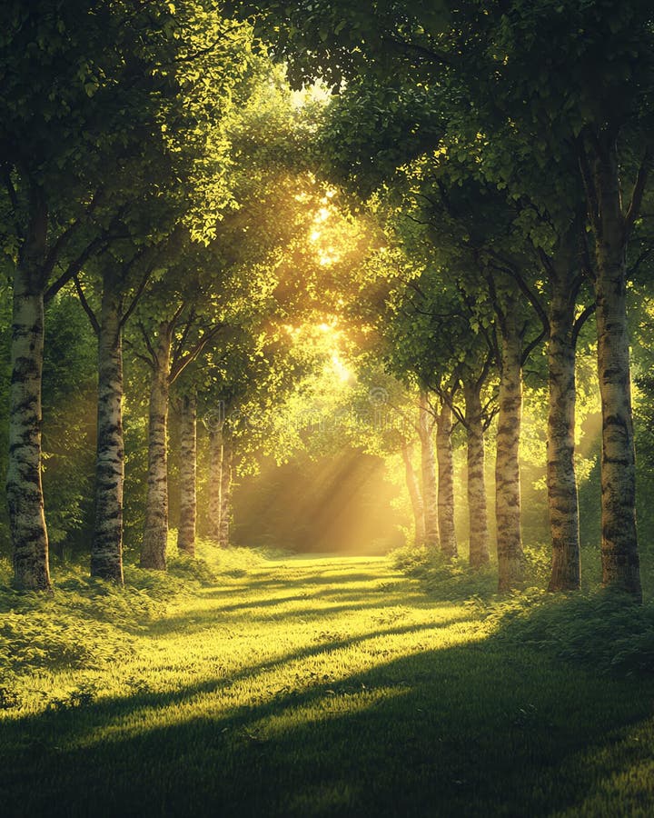 A Serene Pathway Illuminated by Sunlight Filtering through Lush Green Trees Stock Illustration ...