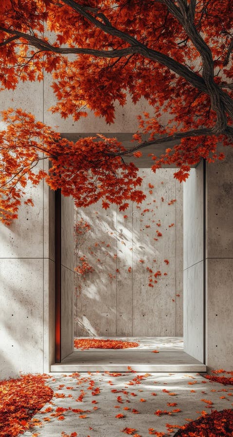 A Tranquil Autumn Walkway Surrounded by Vibrant Red Leaves in a Modern ...