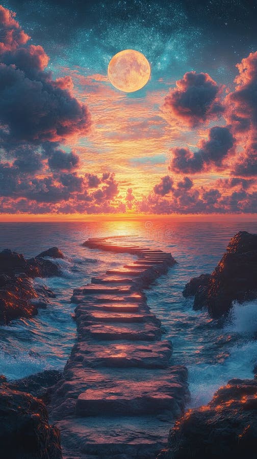 A Serene Pathway Leads To a Vibrant Sunset Over the Ocean Under a ...