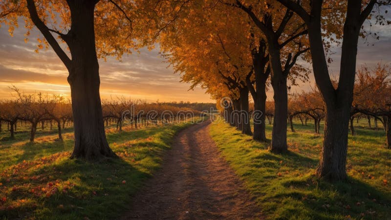 Golden Autumn Path through Orchard at Sunset Stock Illustration ...