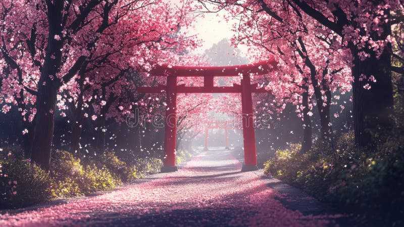Serene Pathway Lined with Cherry Blossom Trees and Traditional Red ...