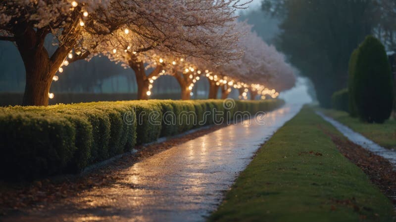 Romantic Evening Walkway with Cherry Blossoms and Lights Stock ...