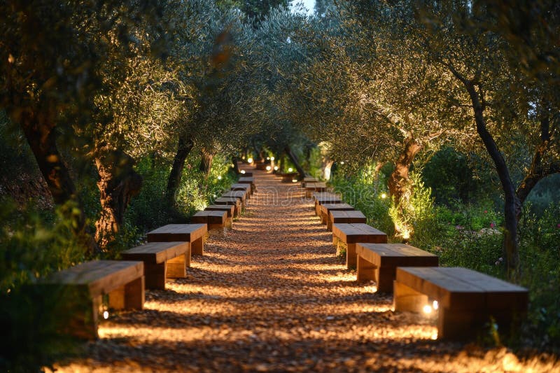 Serene Pathway Lined with Olive Trees and Benches Illuminated at ...