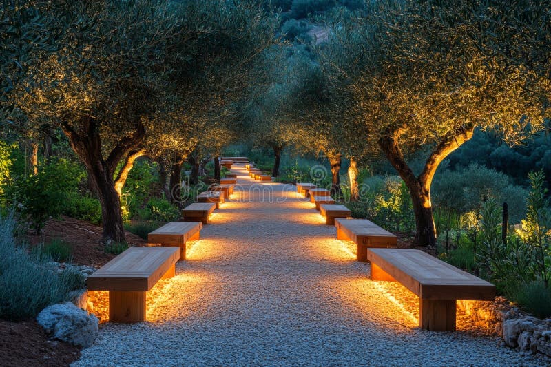 Serene Pathway Lined with Olive Trees and Benches Illuminated at ...