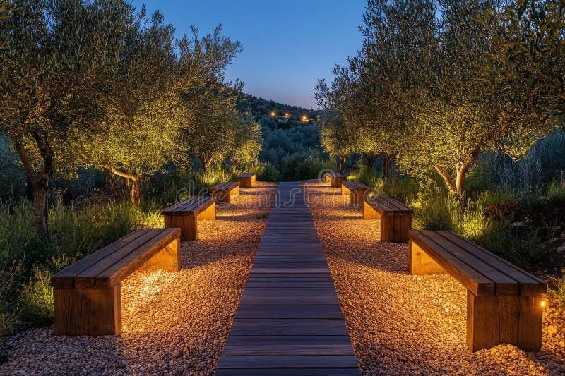 Serene Pathway Lined with Olive Trees and Benches Illuminated at ...