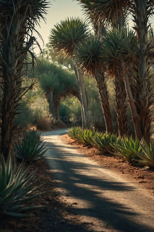 Sunlit Pathway through Yucca and Agave Plants in a Botanical Garden ...