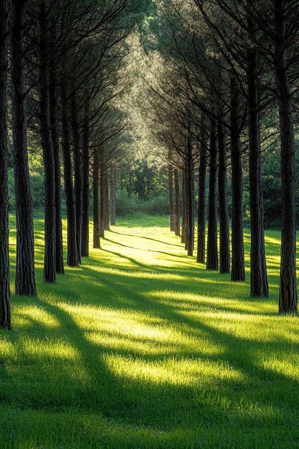 A Serene Pathway Lined with Tall Trees Casting Shadows on Lush Green ...