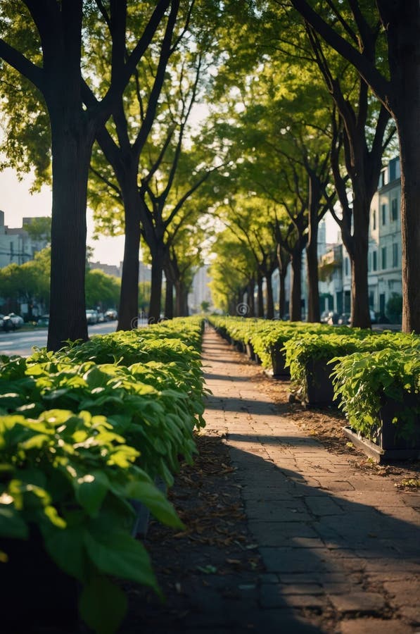 Sunlit Pathway through a Lush Green Tree-Lined Street Stock ...