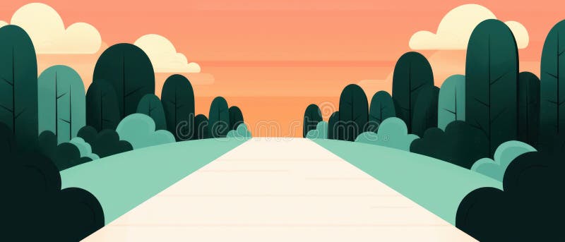 A Serene Pathway Lined with Trees Under a Colorful Sunset Sky Stock ...