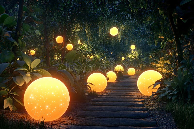 Glowing Orbs Illuminate a Scenic Pathway in a Mystical Forest during ...