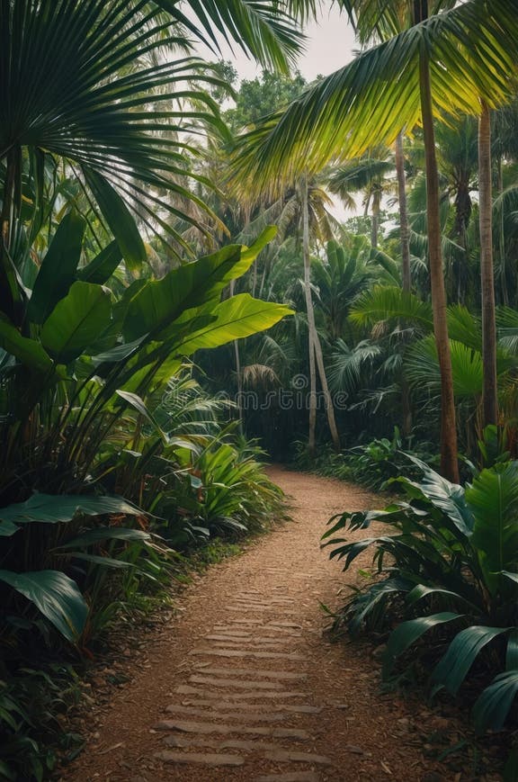 Serene Tropical Pathway through Lush Green Jungle Foliage Stock ...