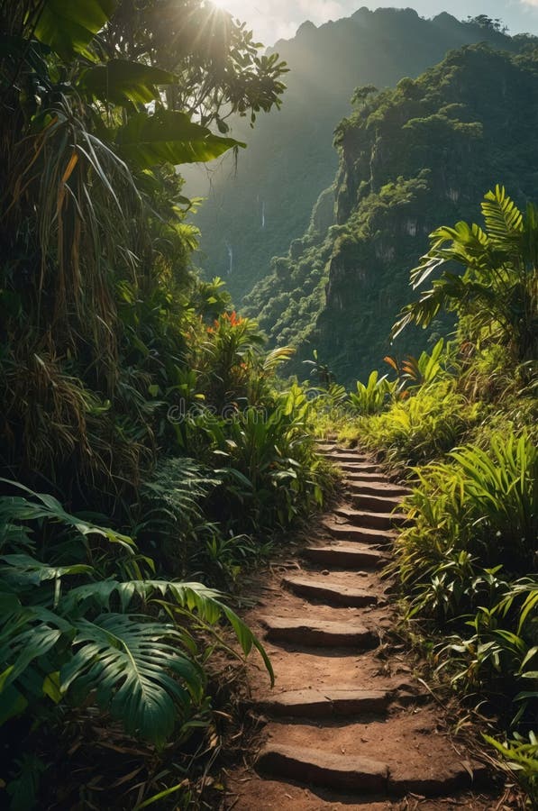 Stone Steps Leading through Lush Tropical Jungle Paradise at Sunrise ...