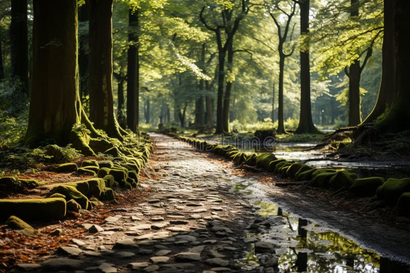 Serene Pathway Meanders through a Corridor of Towering Trees Stock ...