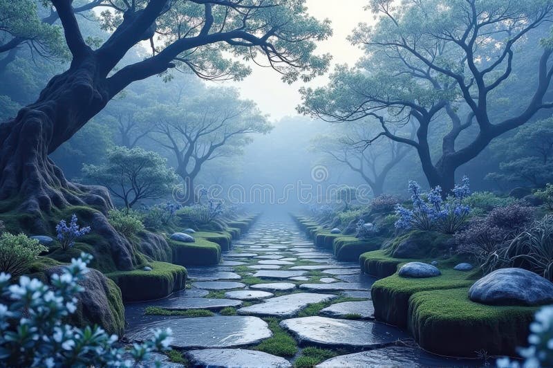 Serene Pathway Mystical Forest Lush Foliage Stone Walkway Stock Photos ...