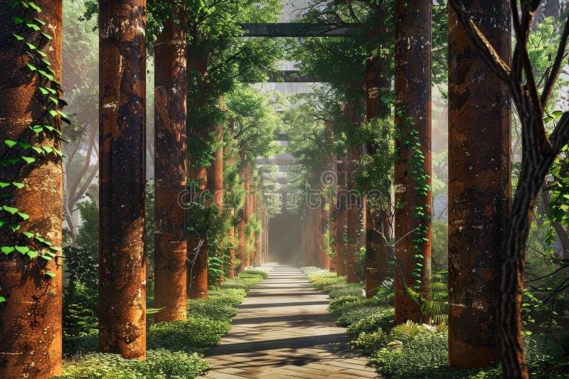 A Serene Pathway through a Rustic Forest Canopy, Incorporate Elements ...