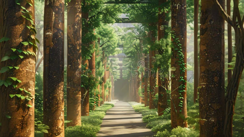 A Serene Pathway through a Rustic Forest Canopy, Incorporate Elements ...
