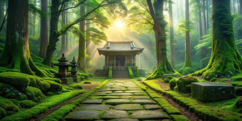 Serene Pathway through a Sun-dappled Mossy Forest To a Tranquil Stone ...