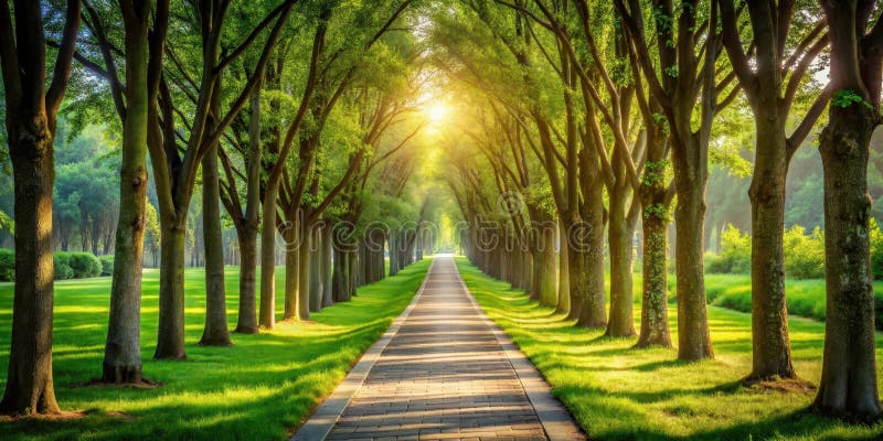 Serene Pathway through a Sunlit Canopy of Trees on a Lush Green Lawn ...