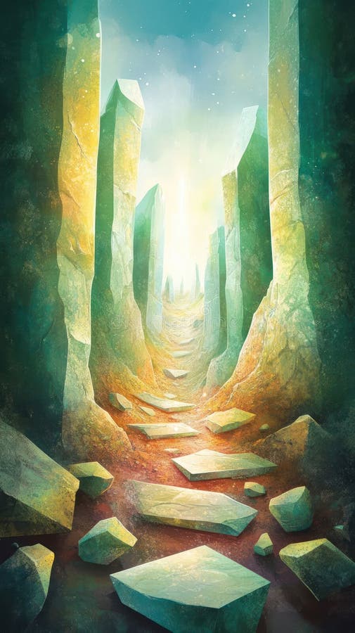 A Serene Pathway through Towering Rocks, Illuminated by Soft Light ...
