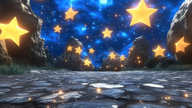 A Serene Pathway Under a Starry Sky, Illuminated by Glowing Stars and ...
