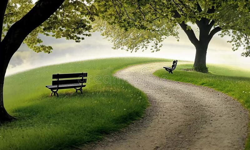 Serene Pathway Winding through Lush Greenery with Benches Under Trees ...