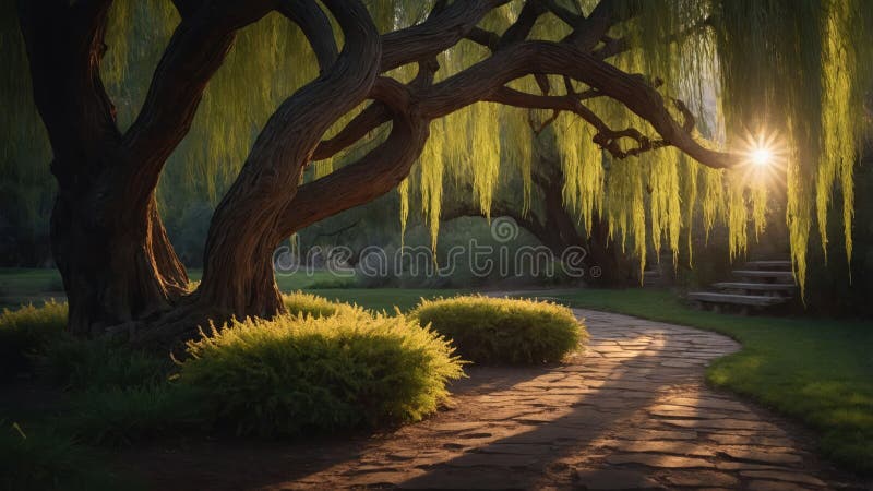 Golden Hour Serenity: Weeping Willow Tree Path Stock Illustration ...