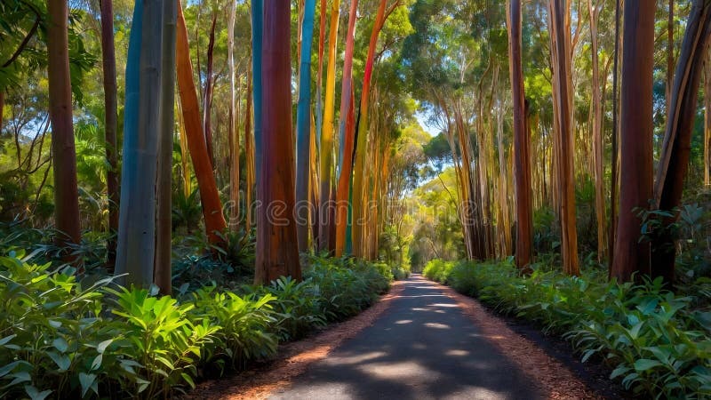 Serene Pathway: a Winding Trail through a Vibrant Rainbow Eucalyptus ...