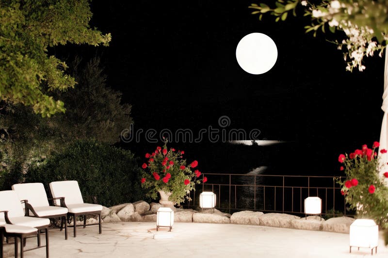 Serene Night Garden with Glowing Lanterns and Full Moon in Lush ...