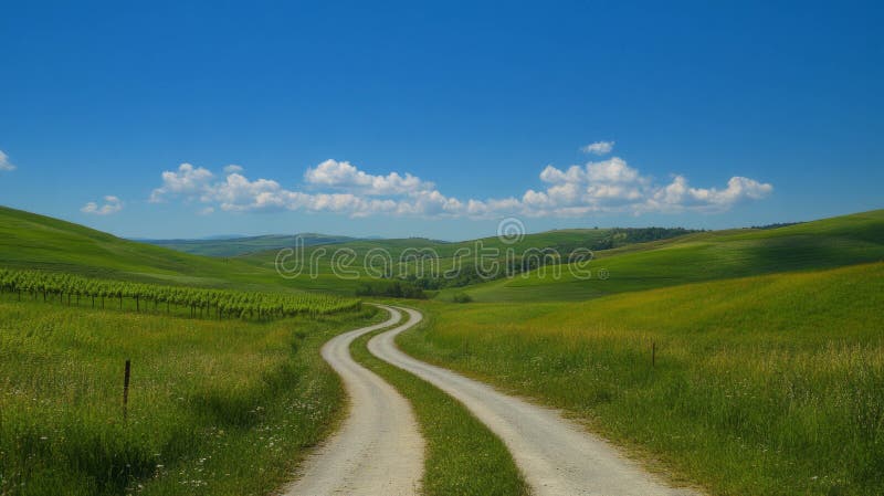 Serene Paved Road Winding through Lush Vineyard Fields Under Blue Sky ...