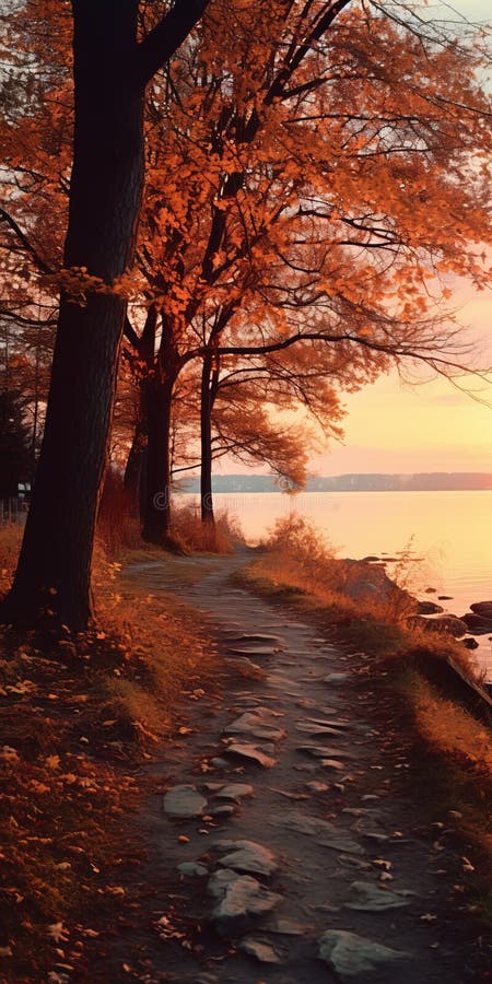 Autumn Sunset Walk: Ocean Path, Trees, and Photorealistic Glow Stock ...