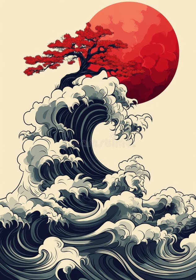 A Serene and Peaceful Painting Depicting a Tree and a Wave, with a Red ...