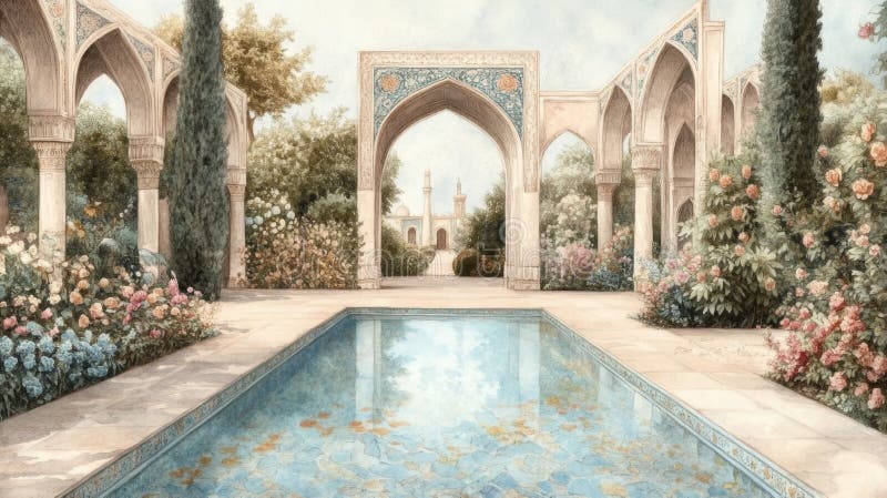 Serene Persian Courtyard Garden with Reflective Pool and Elegant Arches ...