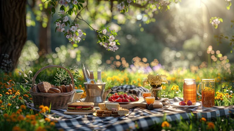 A Serene Picnic Scene with a Checkered Blanket and a Spread of ...