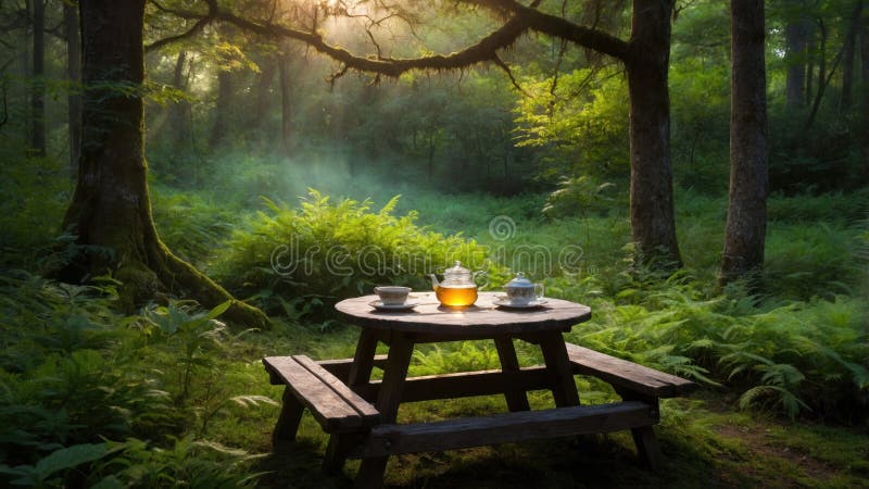 Peaceful Tea Time in a Sun-Dappled Forest Stock Illustration ...
