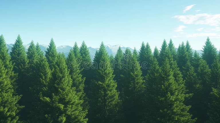 Serene Pine Forest Landscape with Tall Trees and Mountain View Stock ...