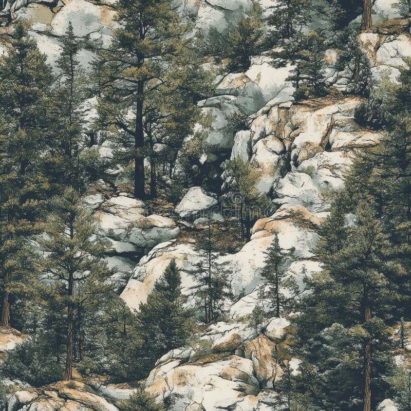 Serene Pine Forest with Majestic Rocky Terrain Stock Image - Image of ...