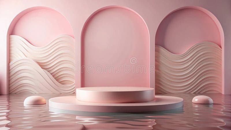 Serene Pink Architectural Display with Wave Panels and Reflective Pool ...
